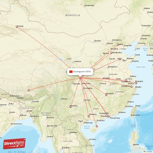 Direct flights from Guangyuan - 15 destinations - GYS, China - Directflights.com
