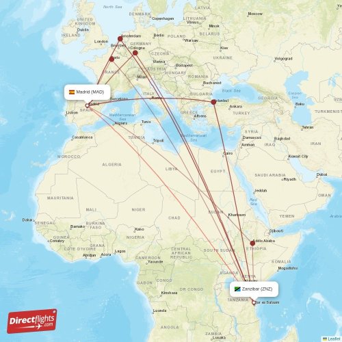 Direct flights from Zanzibar to Madrid (ZNZ-MAD) - Directflights.com
