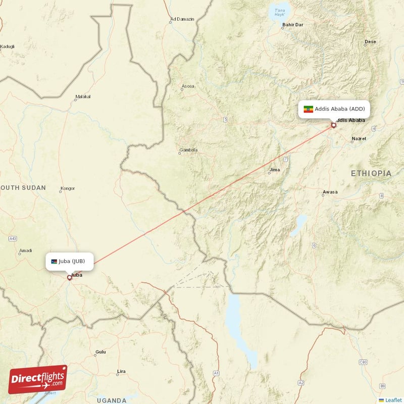 Direct flights from Addis Ababa to Juba, ADD to JUB non-stop - Directflights.com