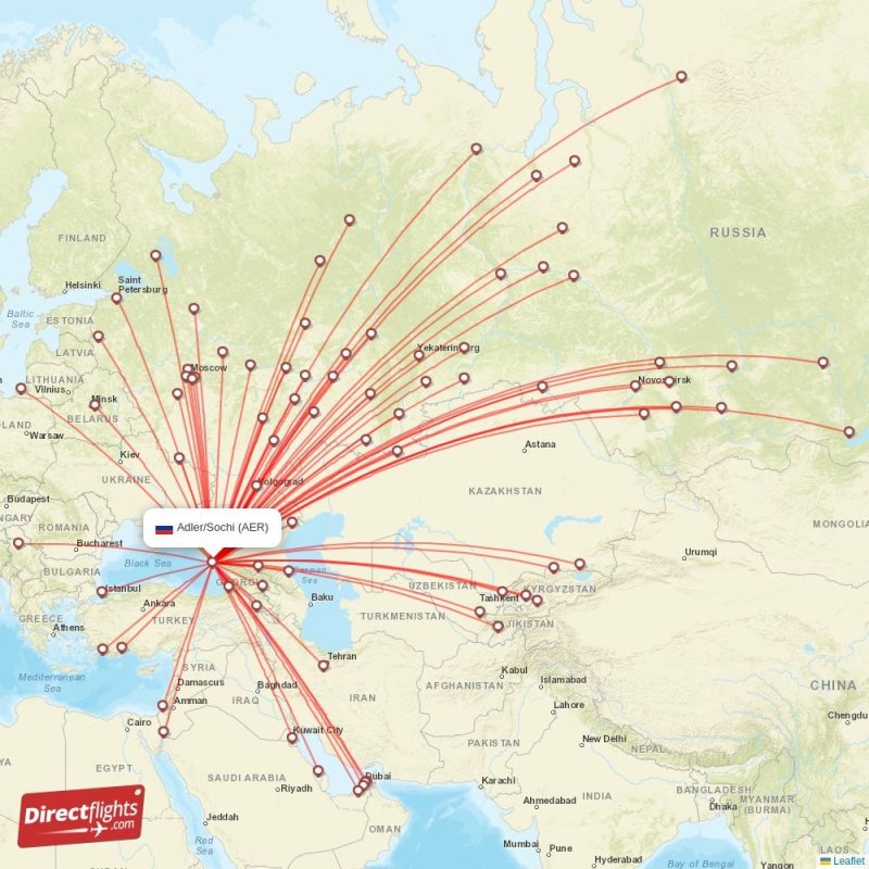 Direct flights from Adler/Sochi - 76 destinations - AER, Russia ...
