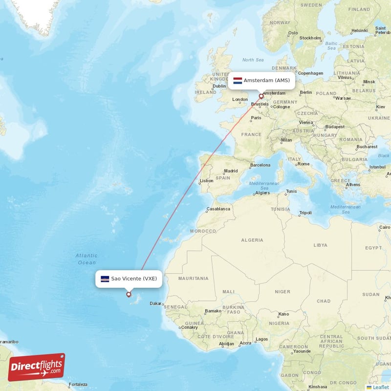 Direct flights from Amsterdam to Sao Vicente, AMS to VXE non-stop - Directflights.com