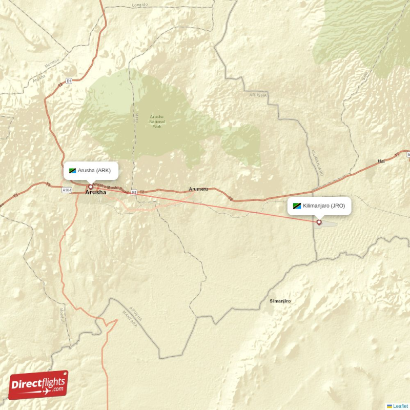 Direct flights from Arusha to Kilimanjaro, ARK to JRO non-stop - Directflights.com
