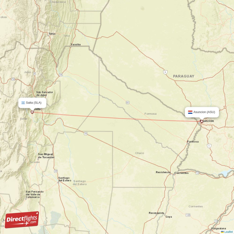Direct flights from Asuncion to Salta, ASU to SLA non-stop ...