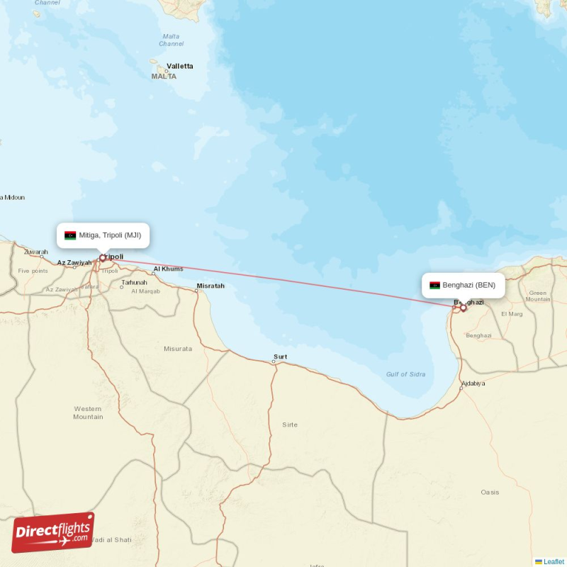 Direct flights from Benghazi to Mitiga, Tripoli (BEN-MJI ...
