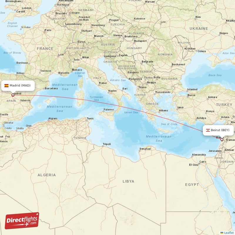 Direct flights from Beirut to Madrid, BEY to MAD non-stop - Directflights.com