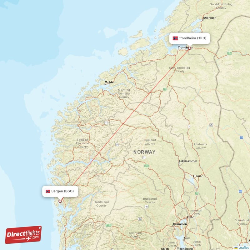 Direct flights from Bergen to Trondheim, BGO to TRD non-stop - Directflights.com