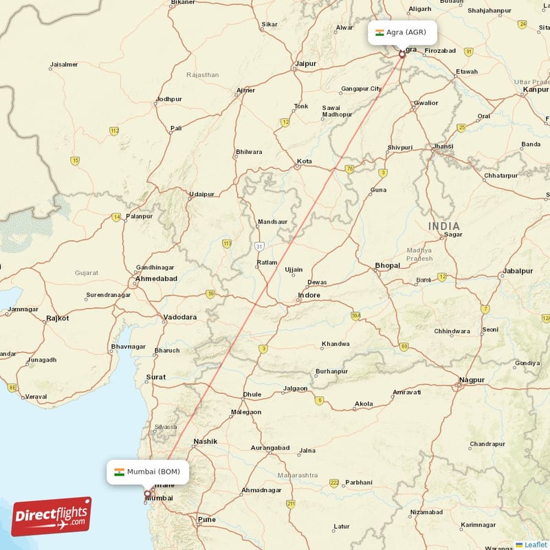 Direct flights from Mumbai to Agra, BOM to AGR non-stop - Directflights.com