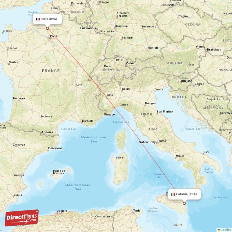 Direct flights from Paris to Catania (BVA-CTA) - Directflights.com
