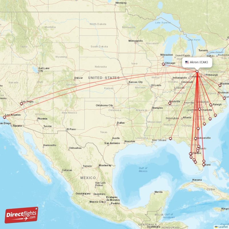 Direct flights from Akron - 23 destinations - CAK, USA - Directflights.com