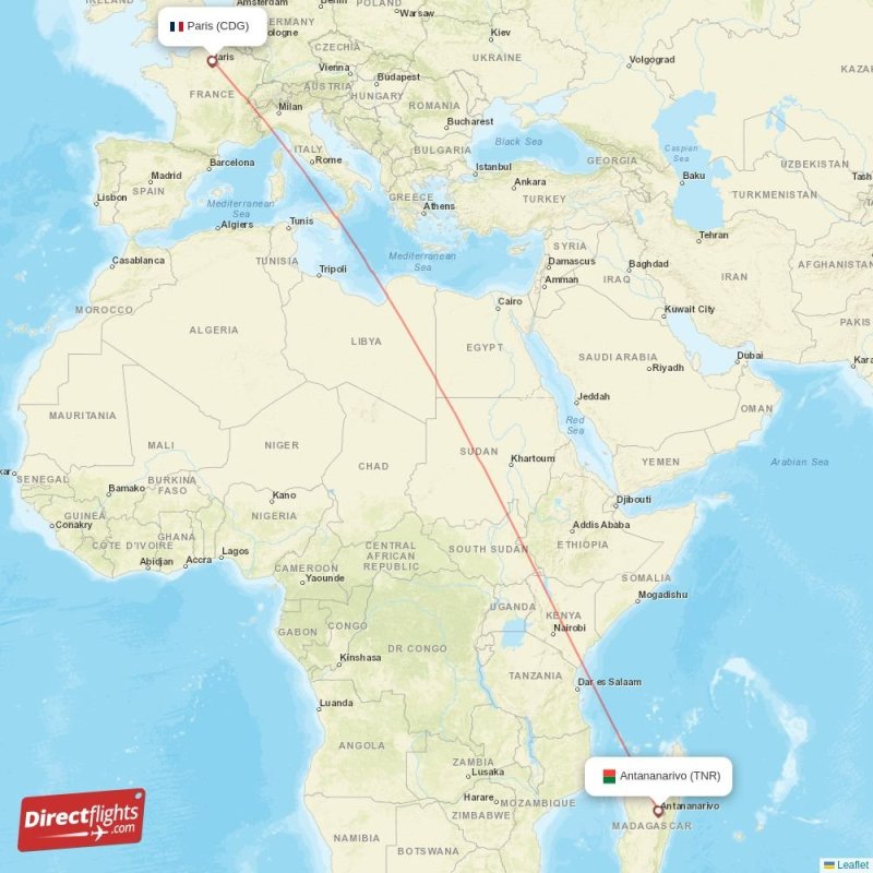 Direct flights from Paris to Antananarivo (CDG-TNR) - Directflights.com