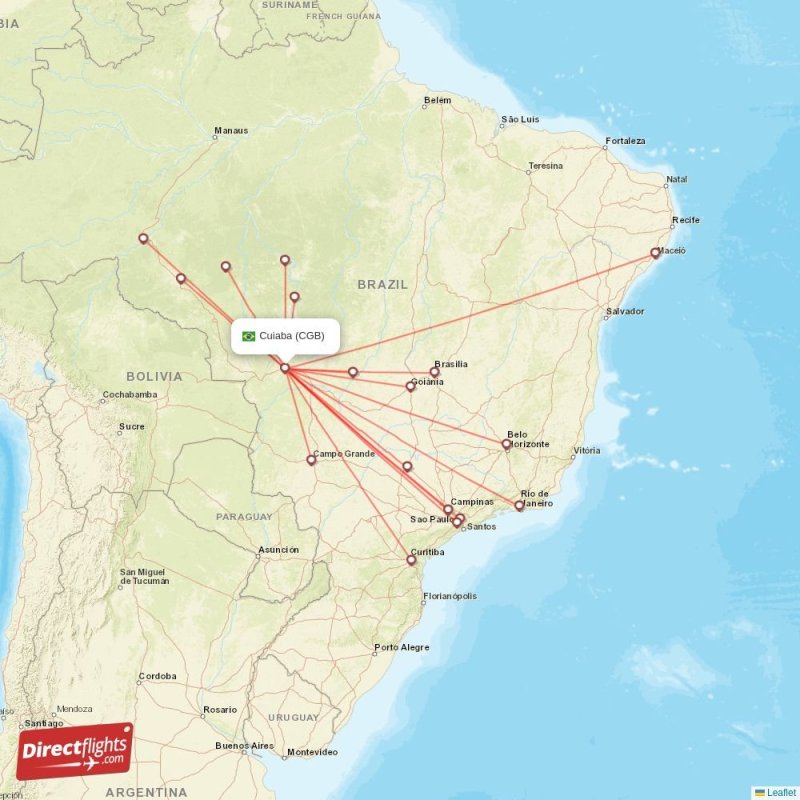 Direct flights from Cuiaba - 12 destinations - CGB, Brazil ...