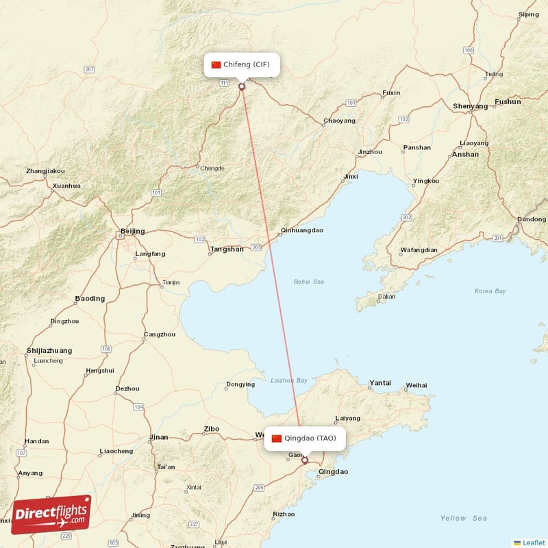 Direct flights from Chifeng to Qingdao, CIF to TAO non-stop - Directflights.com