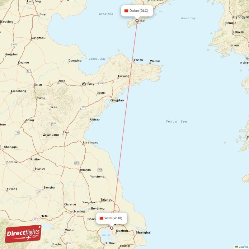 Direct flights from Dalian to Wuxi, DLC to WUX non-stop - Directflights.com