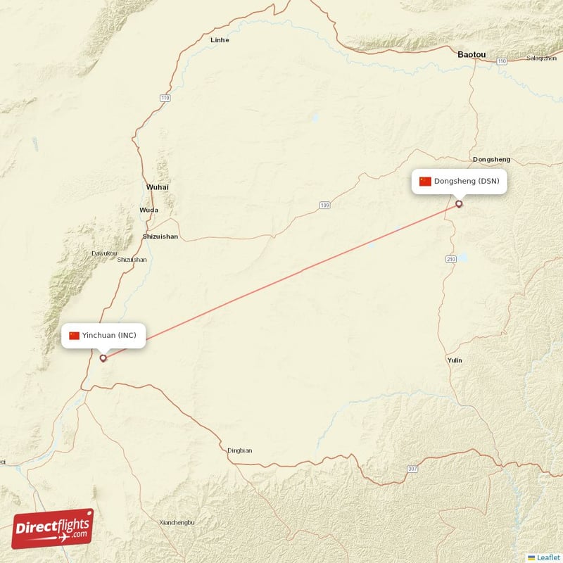 Direct flights from Dongsheng to Yinchuan, DSN to INC non-stop ...