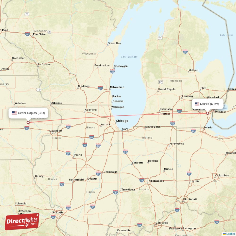 Direct flights from Detroit to Cedar Rapids (DTW-CID) - Directflights.com