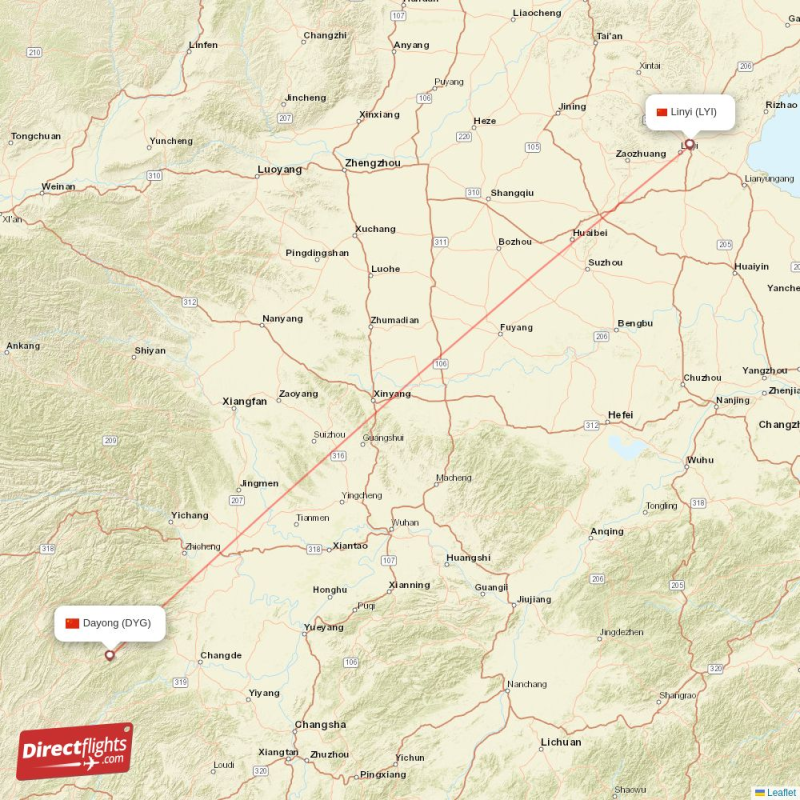 Direct flights from Dayong to Linyi (DYG-LYI) - Directflights.com