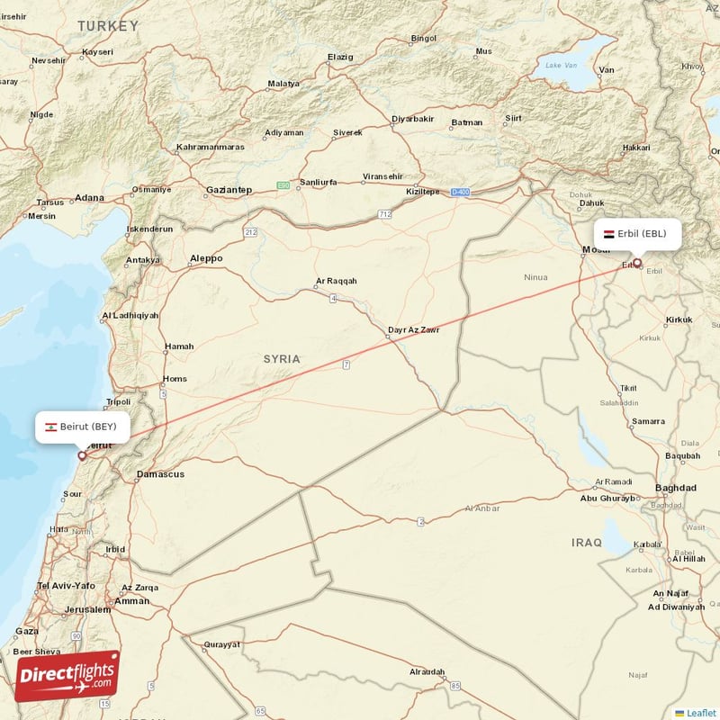 Direct flights from Erbil to Beirut, EBL to BEY non-stop - Directflights.com