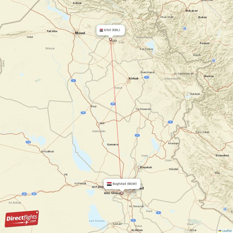 Direct flights from Erbil to Baghdad, EBL to BGW non-stop - Directflights.com