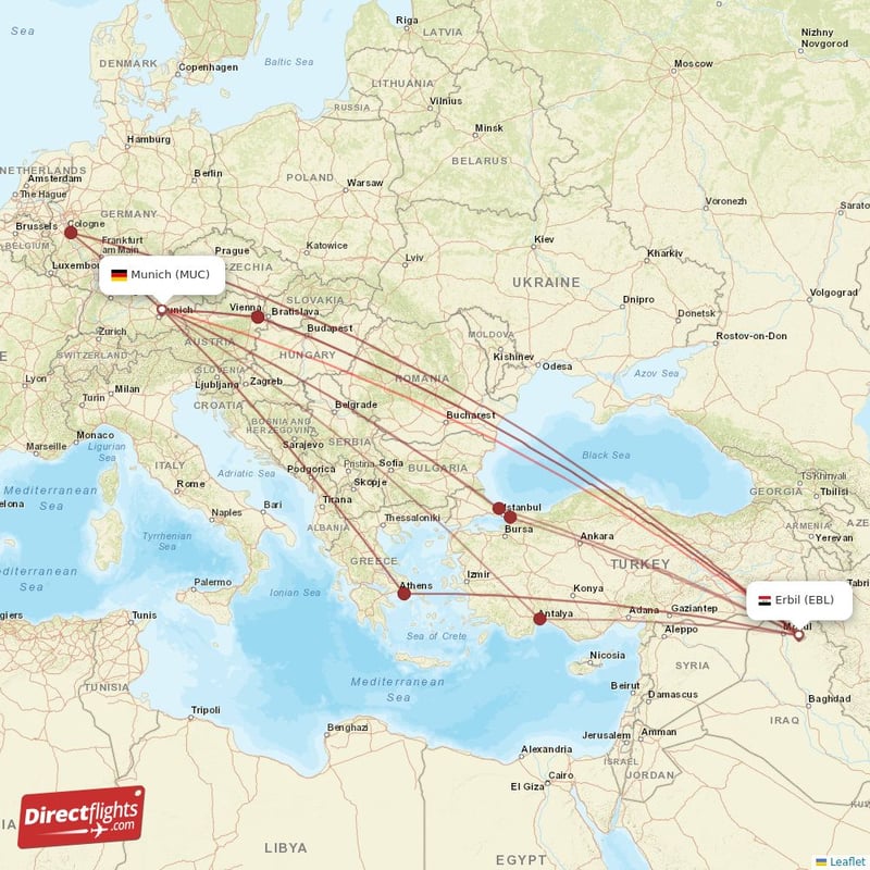 Direct flights from Erbil to Munich, EBL to MUC non-stop - Directflights.com