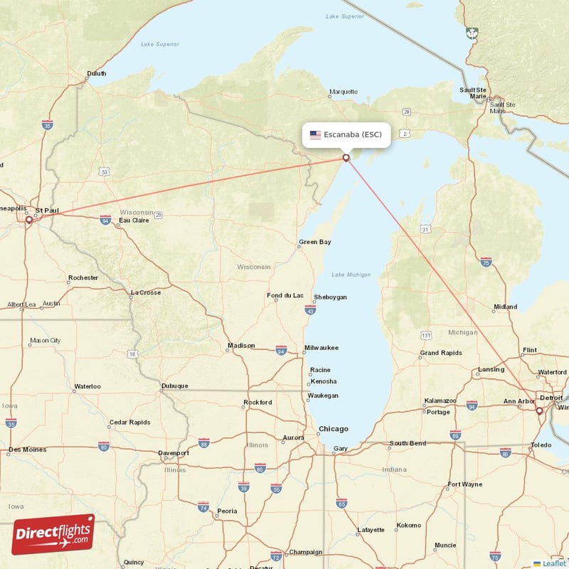Direct flights from Escanaba - 2 destinations - ESC, USA ...