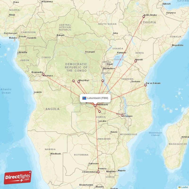 Direct flights from Lubumbashi - 10 destinations - FBM, The Democratic ...