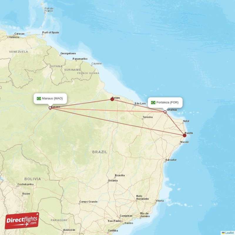 Direct flights from Fortaleza to Manaus, FOR to MAO non-stop ...