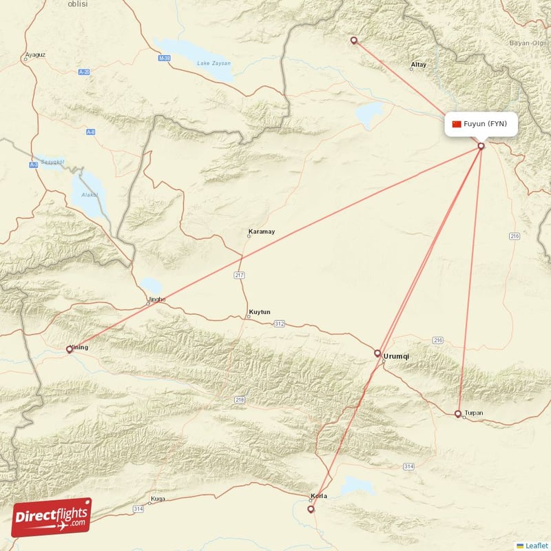Direct flights from Fuyun - 5 destinations - FYN, China - Directflights.com