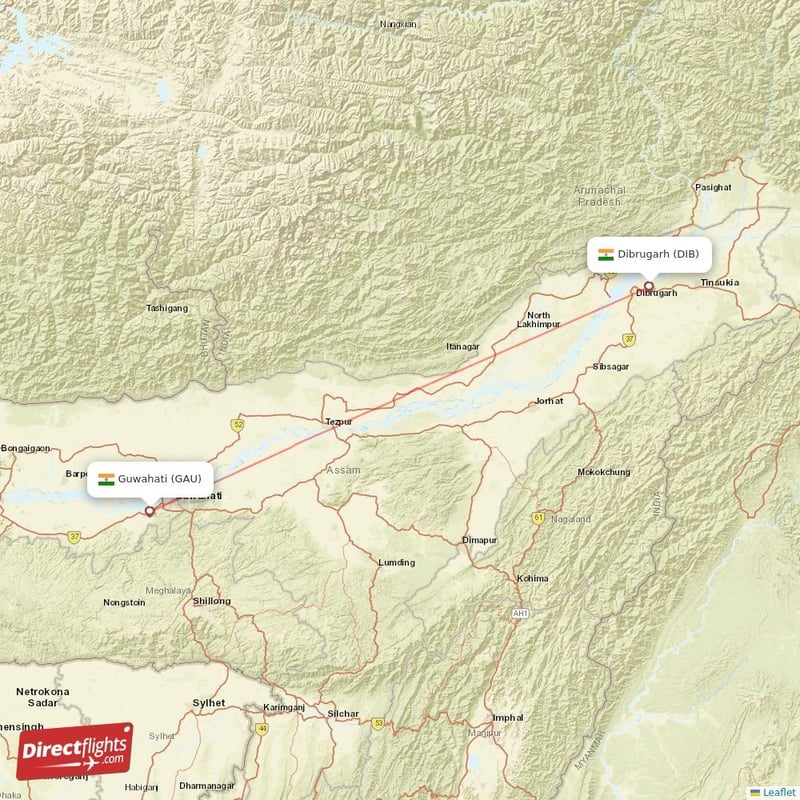 Direct flights from Guwahati to Dibrugarh, GAU to DIB non-stop - Directflights.com