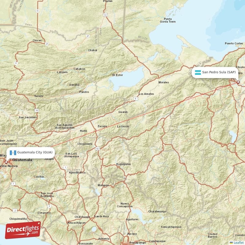 Direct flights from Guatemala City to San Pedro Sula, GUA to SAP non-stop - Directflights.com