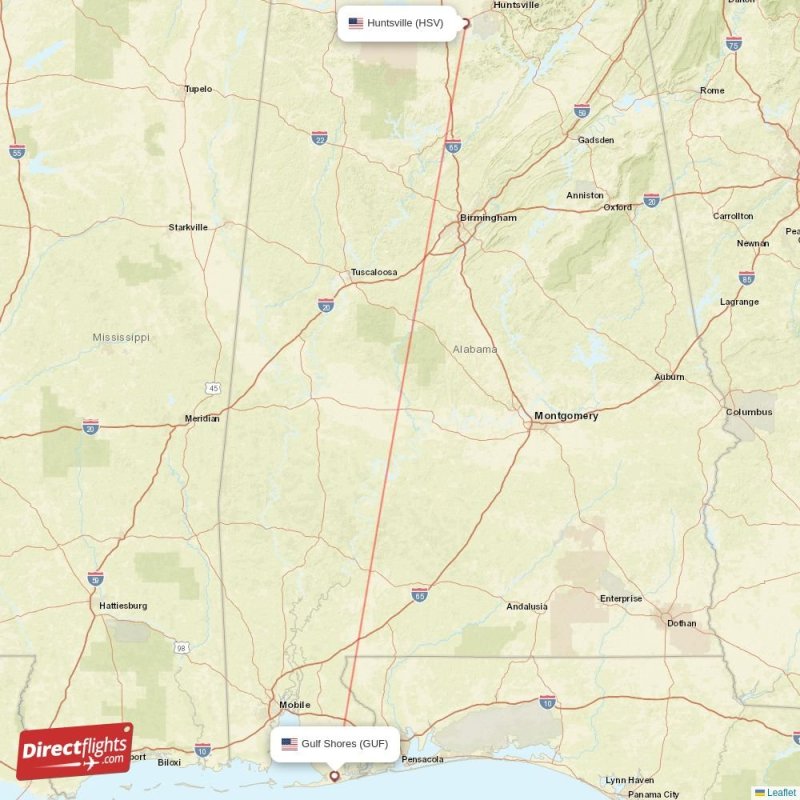 Direct flights from Gulf Shores to Huntsville (GUF-HSV) - Directflights.com