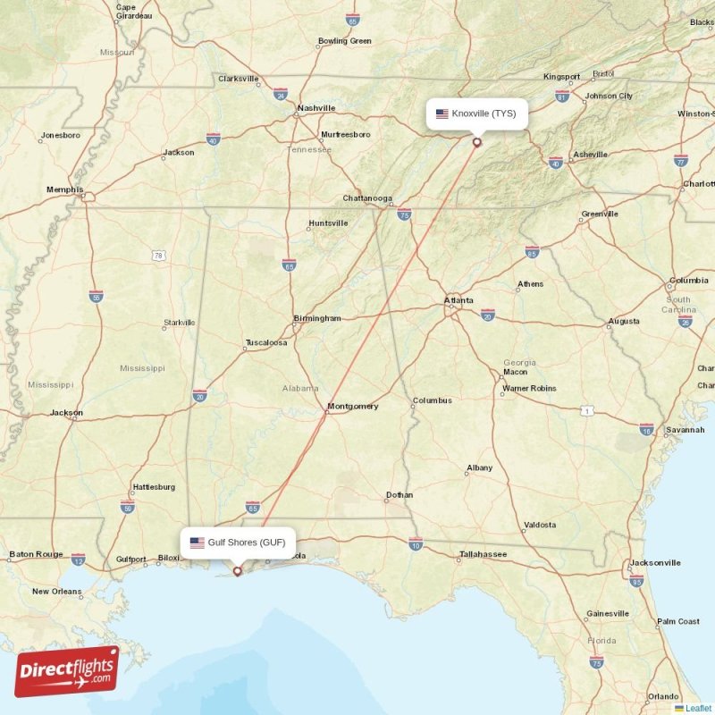 Direct flights from Gulf Shores to Knoxville (GUF-TYS) - Directflights.com