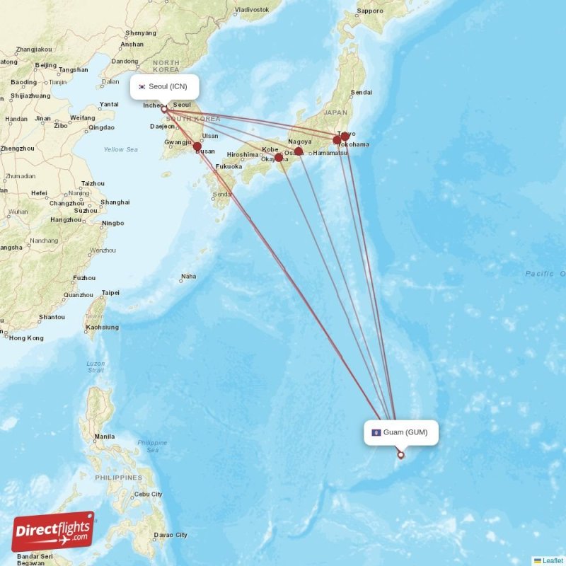 Direct flights from Guam to Seoul, GUM to ICN non-stop - Directflights.com