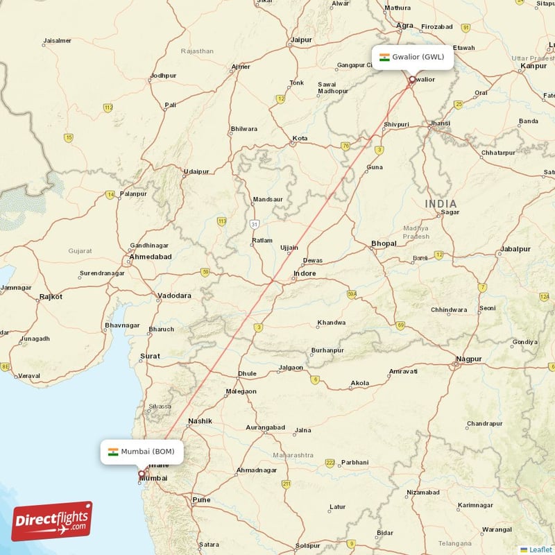 Direct flights from Gwalior to Mumbai, GWL to BOM non-stop - Directflights.com