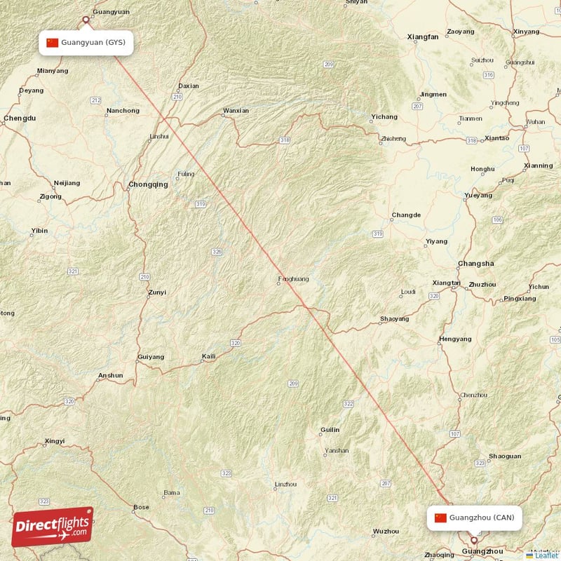Direct flights from Guangyuan to Guangzhou, GYS to CAN non-stop - Directflights.com