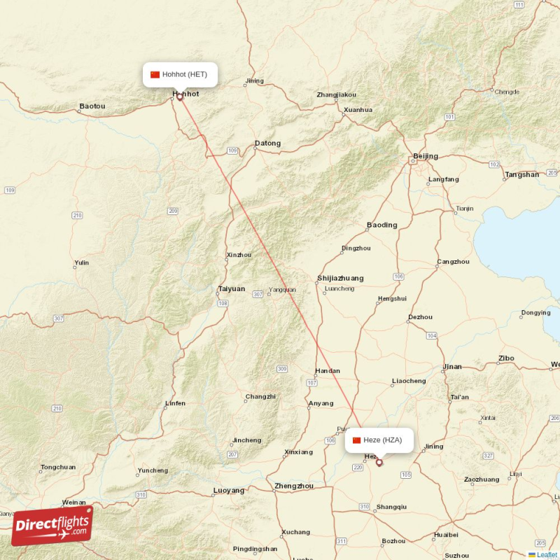 Direct flights from Hohhot to Heze, HET to HZA non-stop - Directflights.com