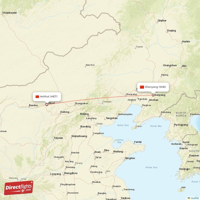 Direct flights from Hohhot to Shenyang, HET to SHE non-stop ...