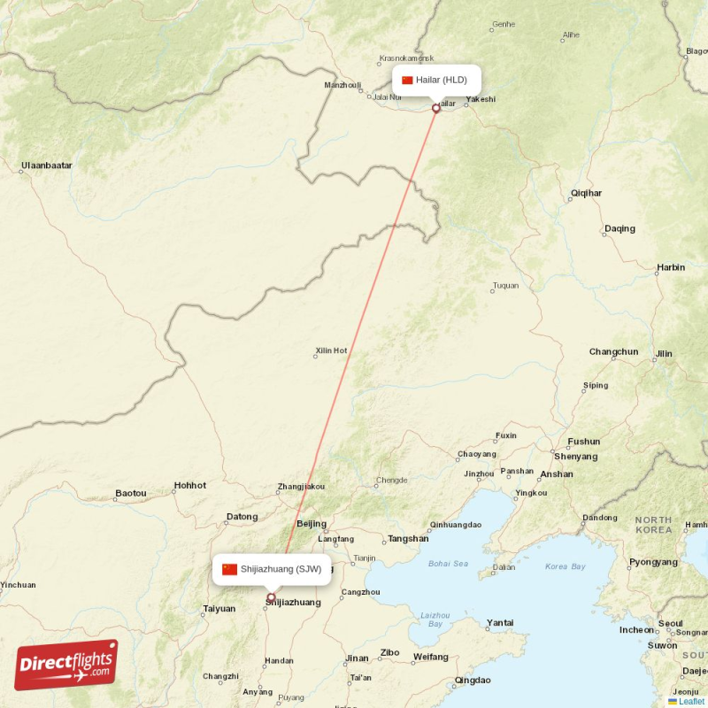 Direct flights from Hailar to Shijiazhuang (HLD-SJW) - Directflights.com