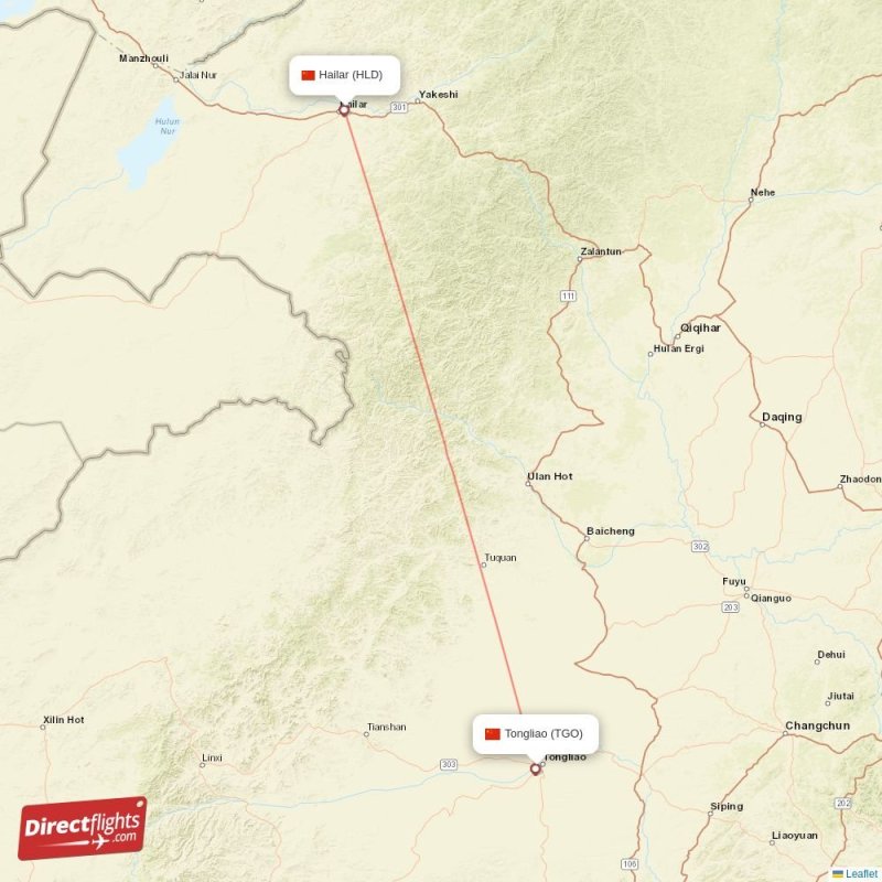 Direct flights from Hailar to Tongliao (HLD-TGO) - Directflights.com