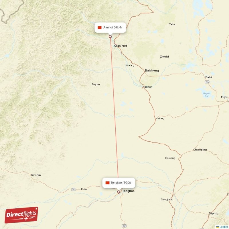 Direct flights from Ulanhot to Tongliao (HLH-TGO) - Directflights.com