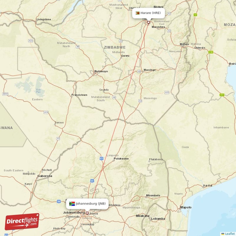 Direct flights from Harare to Johannesburg, HRE to JNB non-stop - Directflights.com