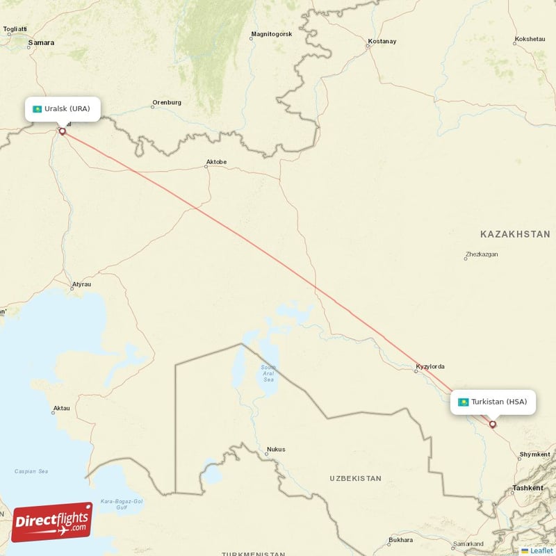 Direct flights from Turkistan to Uralsk, HSA to URA non-stop - Directflights.com