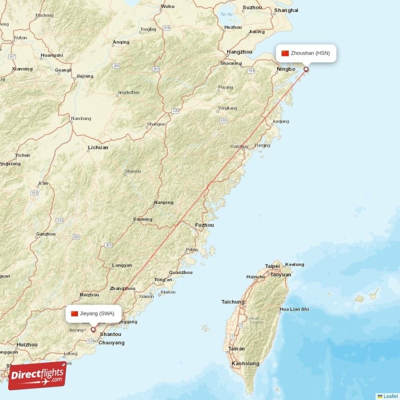 Direct flights from Zhoushan to Jieyang, HSN to SWA non-stop ...
