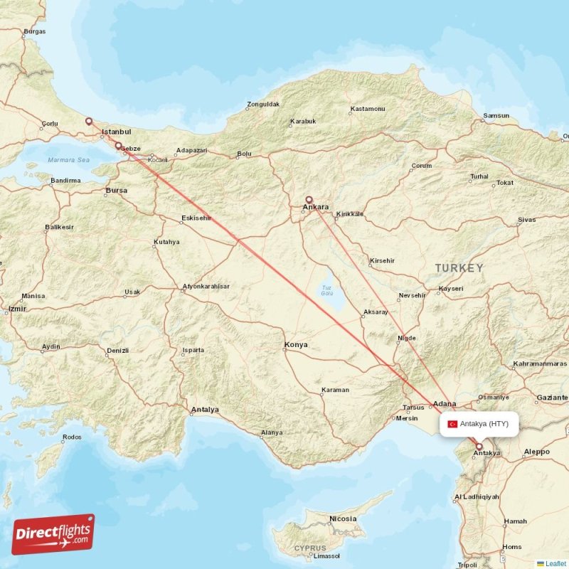 Direct flights from Antakya - 6 destinations - HTY, Turkiye ...