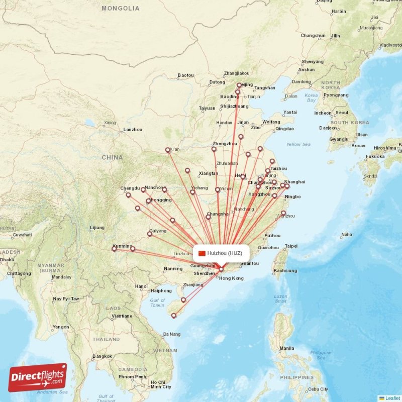 Direct flights from Huizhou - 34 destinations - HUZ, China ...