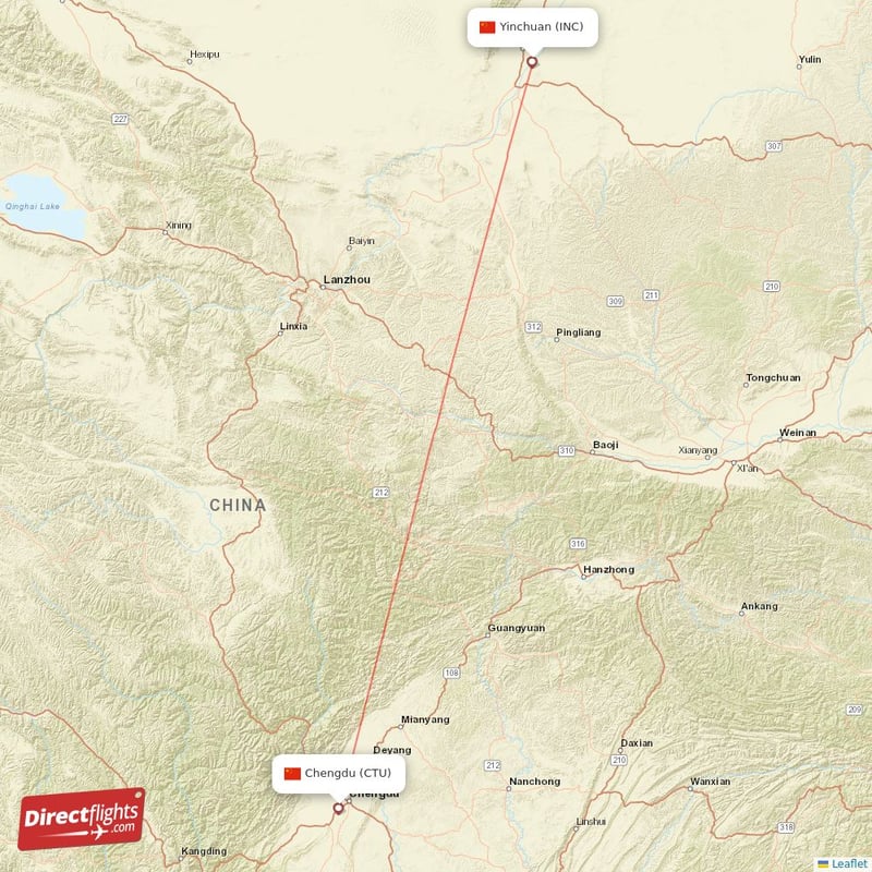 Direct flights from Yinchuan to Chengdu, INC to CTU non-stop ...