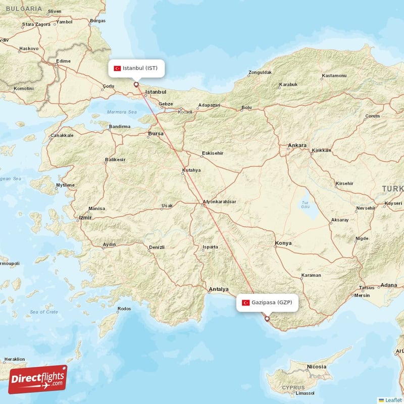 Direct flights from Istanbul to Gazipasa, IST to GZP non-stop - Directflights.com