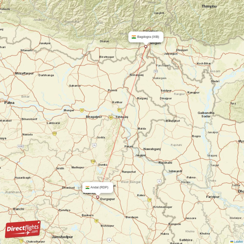 Direct flights from Bagdogra to Andal (IXB-RDP) - Directflights.com