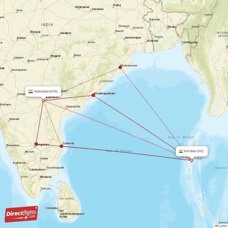 Direct flights from Port Blair to Hyderabad (IXZ-HYD) - Directflights.com