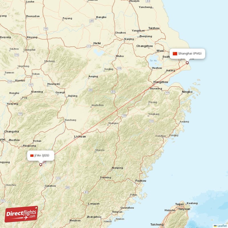 Direct flights from Ji'An to Shanghai, JGS to PVG non-stop - Directflights.com