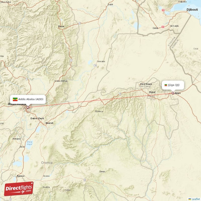 Direct flights from Jijiga to Addis Ababa, JIJ to ADD non-stop - Directflights.com